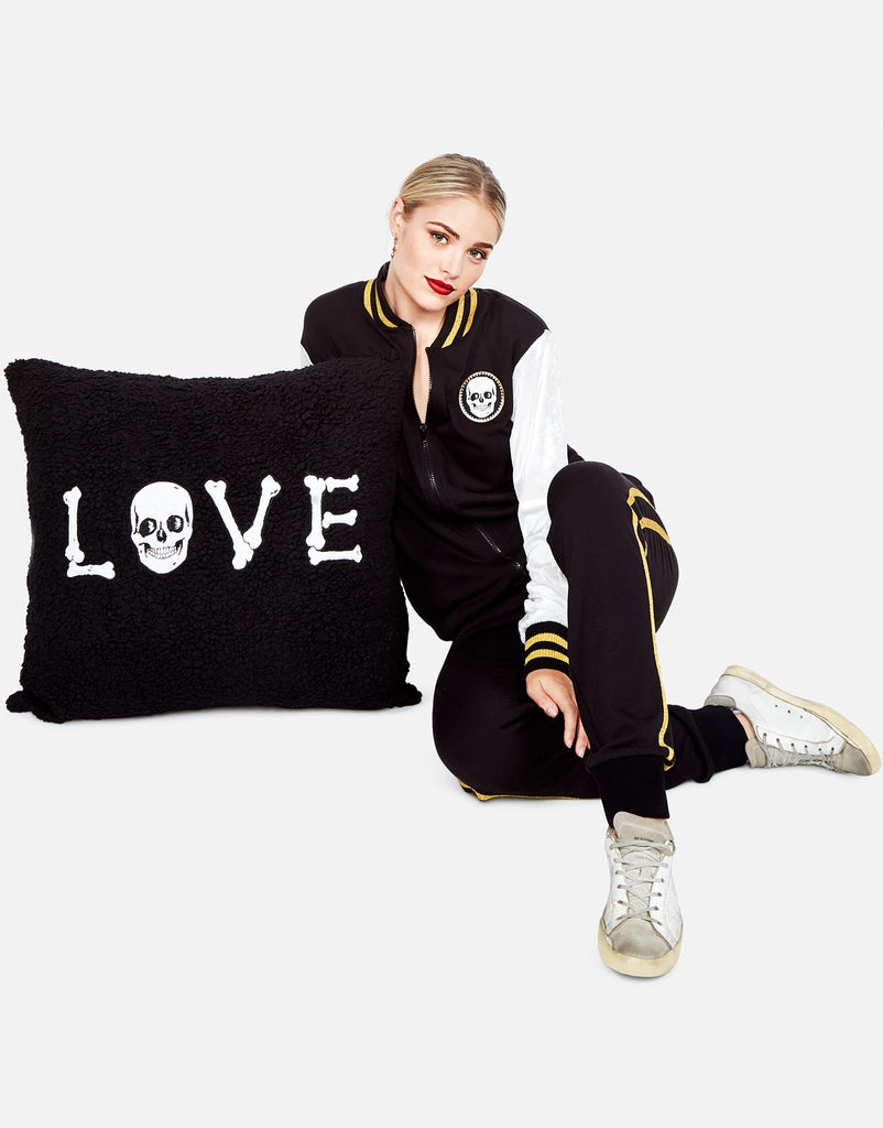 Lauren Moshi Livie Love Bones Patch Faux Fur Pillow in Black